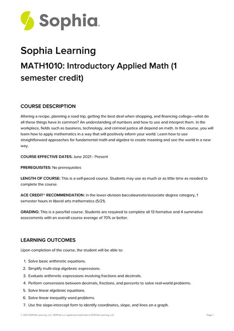 Sophia Introductory Applied Math Syllabus Sophia Learning Math1010 Introductory Applied Math