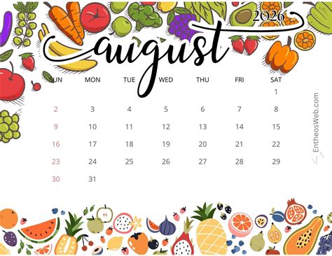 August Printable Calendars 2026 Entheosweb