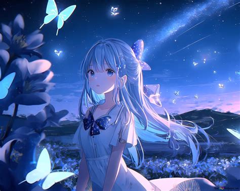 Beautiful Anime Girl With Blue Hair Posing With Butterflies Hd