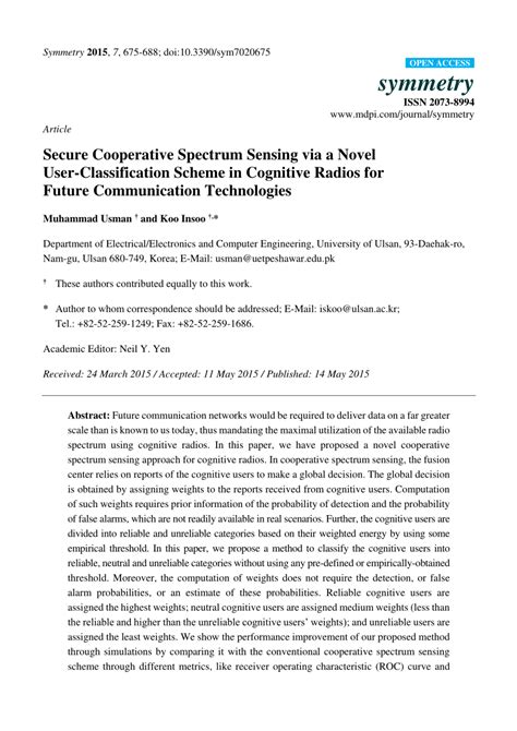 Pdf Secure Cooperative Spectrum Sensing Via A Novel User Classification Scheme In Cognitive