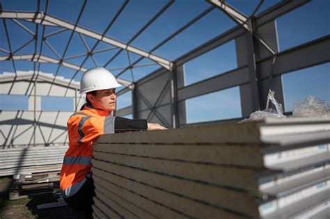 Woman Civil Engineer Inspects Metal Cladding For Building Facade Stock