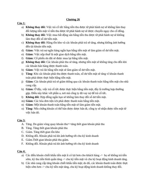 Chương 26 Câu 1 Không Thay đổi Không Thay đổi Không Thay đổi Giảm Giảm Giảm Không Thay