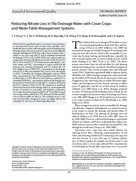 Pdf Reducing Nitrate Loss In Tile Drainage Water With Cover Crops And Water Table Management