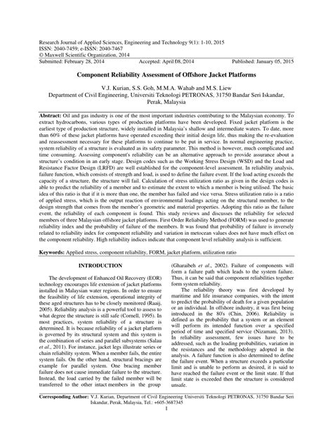 Pdf Component Reliability Assessment Of Offshore Jacket Platforms