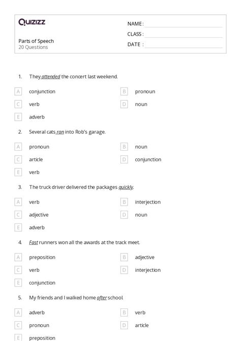 50 Parts Of Speech Worksheets For 6th Class On Quizizz Free And Printable