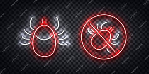 Ixodes 틱의 현실적인 격리 된 네온 사인 템플릿 장식 및 투명 배경에 대 한 경고 로고 진드기 위험 질병 및 뇌염 예방의 개념 프리미엄 벡터