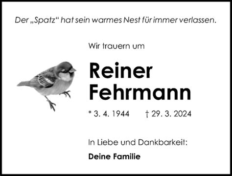 Traueranzeigen Von Reiner Fehrmann Trauer Anzeigende