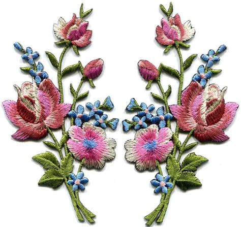 Mauve Pink Roses Pair Flowers Floral Bouquet Boho Embroidered Appliques