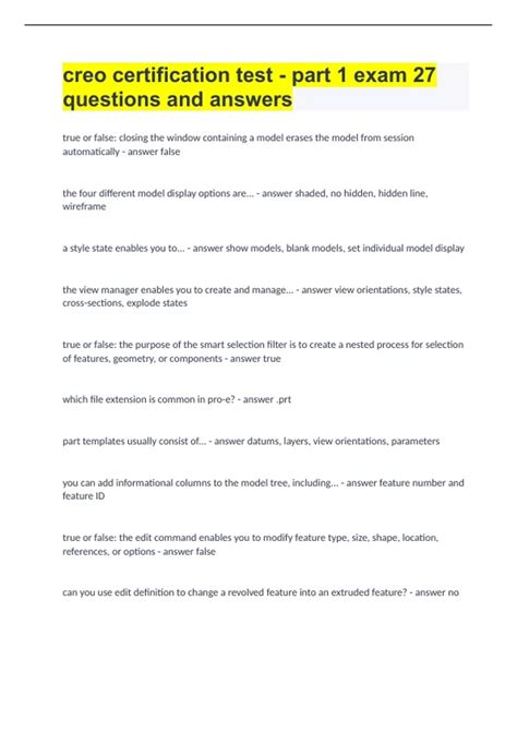 Creo Certification Test Part 1 Exam 27 Questions And Answers Creo