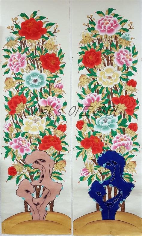 궁 모란도 순지 분채 각 35 140 민화 궁모란도 민화그리기 민화배우는곳 그리기쉬운민화 민화 예술 그림 모란 그림