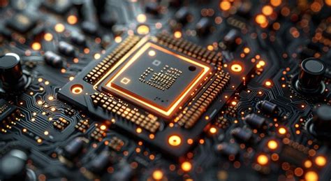 Closeup Of A Microprocessor On A Circuit Board With Illuminated