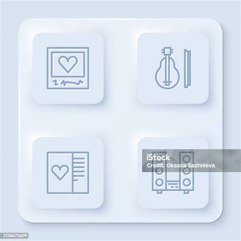 세트 라인 사진 프레임과 하트 바이올린 엽서와 홈 스테레오 2 스피커 흰색 사각형 버튼입니다 벡터 개념에 대한 스톡 벡터 아트 및 기타 이미지 Istock