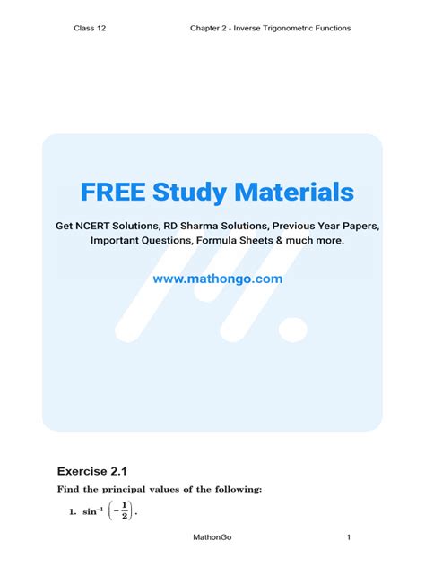 Ncert Solutions Class 12 Maths Chapter 2 Inverse Trigonometric Functions Pdf Trigonometric