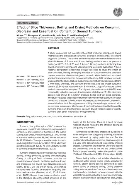 Pdf Effect Of Slice Thickness Boiling And Drying Methods On Curcumin Oleoresin And Essential