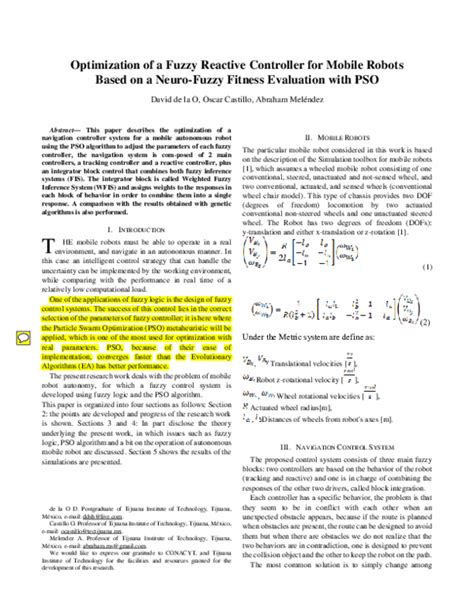 Pdf Optimization Of A Fuzzy Reactive Controller For Mobile Robots