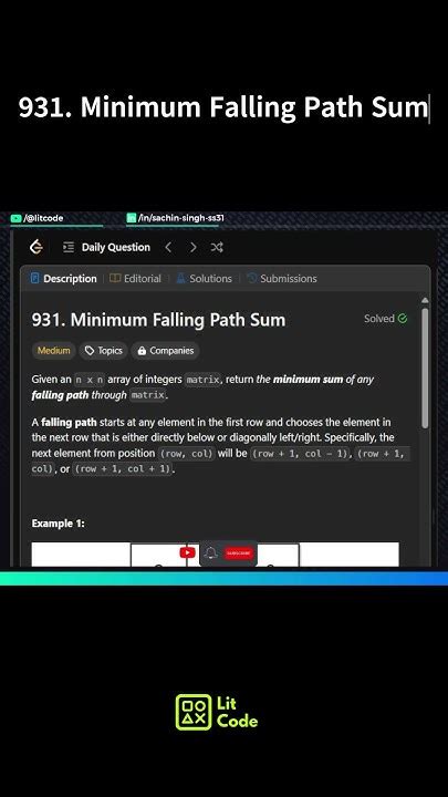 Leetcode 931 Minimum Falling Path Sum Shorts Python Leetcode