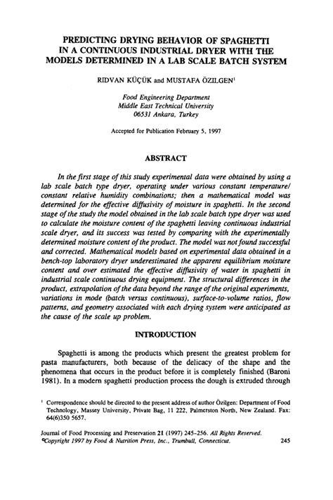 Pdf Predicting Drying Behavior Of Spaghetti In A Continuous Industrial Dryer With The Models