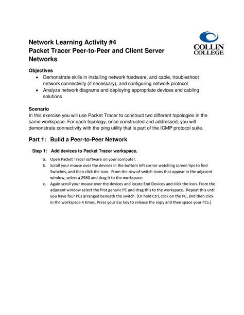 network learning activity 4 packet tracer peer to peer and client