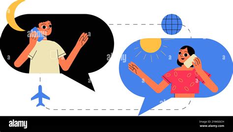 Man And Woman Communicating Across Time Zones In Flat Vector