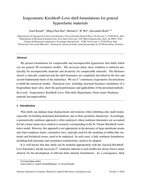 Pdf Isogeometric Kirchhofflove Shell Formulations For General Hyperelastic Materials