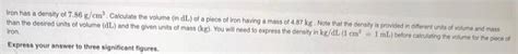 Solved Iron Has A Density Of G Cm Calculate The Chegg Com