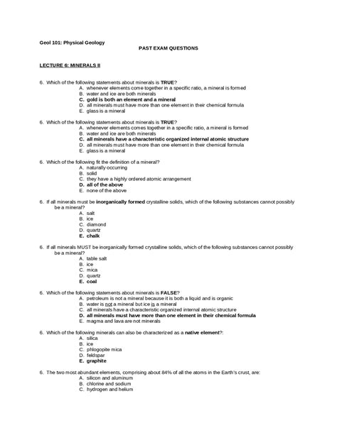 Solution To Past Exam Questions Physical Geology Geol 101 Exams Geology Docsity