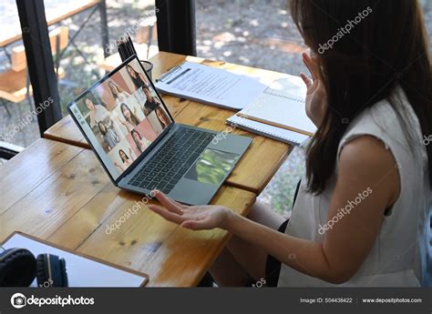 Side View Female Having Video Conference Diverse Colleagues Laptop Computer Stock Photo