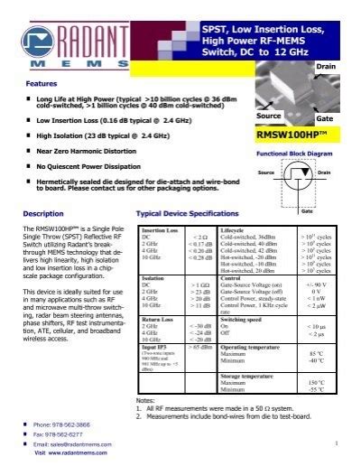 SPST Low Insertion Loss High Power RF MEMS Radant MEMS
