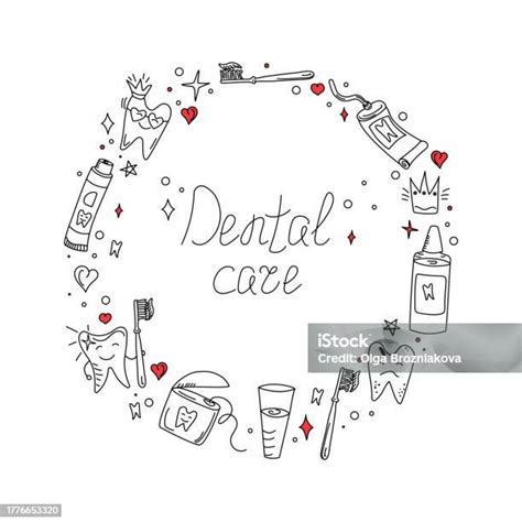 둥근 테두리 프레임 손으로 그린 치과 벡터 세트입니다 치약 만화 치아 치실 낙서 스타일의 칫솔 선 아이콘 치과 치료 치아 건강에 대한 스톡 벡터 아트 및 기타 이미지