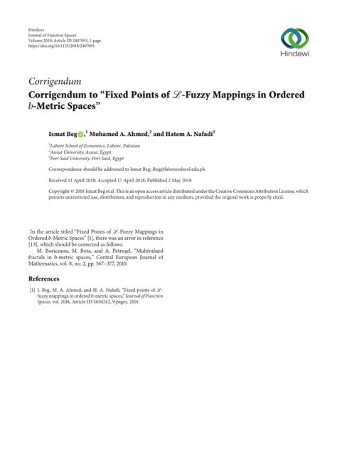 Pdf Corrigendum To Fixed Points Of L Fuzzy Mappings In Ordered B Metric Spaces”