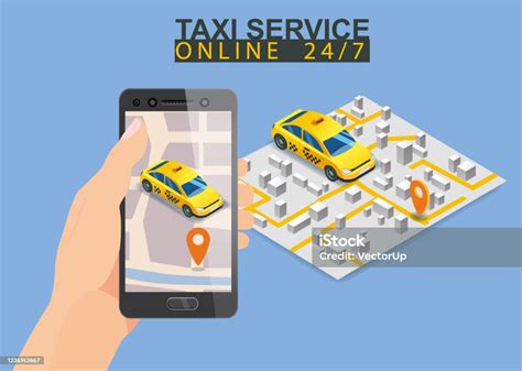 택시 서비스 아이소메트릭 도시지도 경로및 포인트 위치 노란색 자동차와 스마트 폰을 들고 손 디스플레이에 택시 응용 프로그램 온라인 모바일 응용 프로그램 주문 택시 서비스