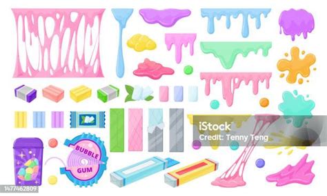 풍선껌이 튀어 나옵니다 만화 젤리 튀김과 반점 껌 포장 씹는 당의정과 풍선껌 줄무늬 평면 벡터 일러스트 세트 달콤한 껌 수집 풍선껌에 대한 스톡 벡터 아트 및 기타 이미지