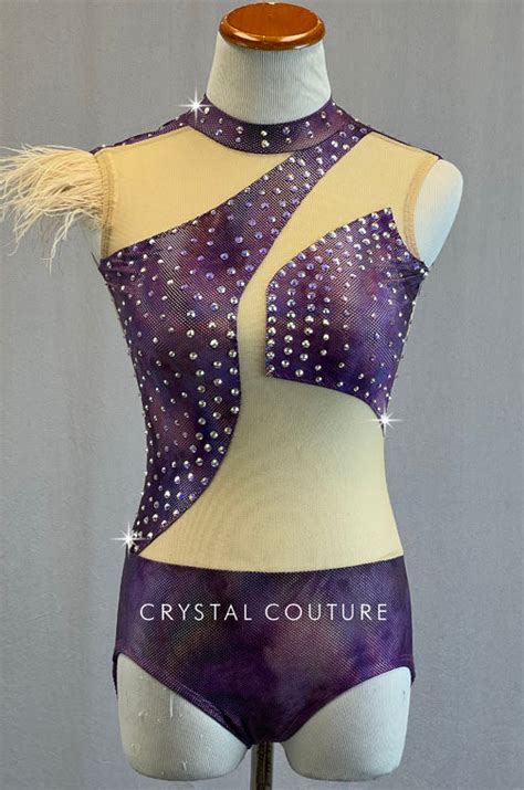 Purple Holographic Asymmetrical Leotard With Nude Mesh Inserts And Ost