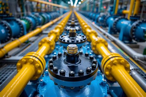 Industrial Pipeline Network With Blue And Yellow Valves In A Modern