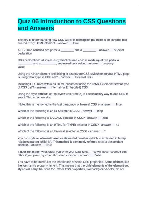 Quiz 06 Introduction To Css Questions And Answers Pcss Stuvia Us