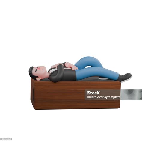 3d의 애니메이션 음악 캐릭터 한 남성 음악가가 왼쪽 다리를 약간 구부리고 왼손을 배에 얹은 채 스피커에 누워 있습니다 노래하는 연기자 3차원 형태에 대한 스톡 사진 및