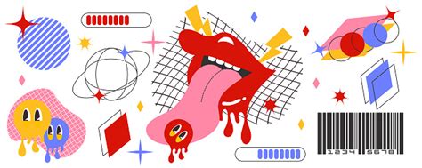 복고풍 미래 지향적 인 모양의 컬렉션입니다 디자인 요소 입술 혀 별 지구 원근감 격자 터널 원 벡터 보편적인 트렌디한 질감의 기하학적 세트는 밝고 대담한 모양입니다 3차원