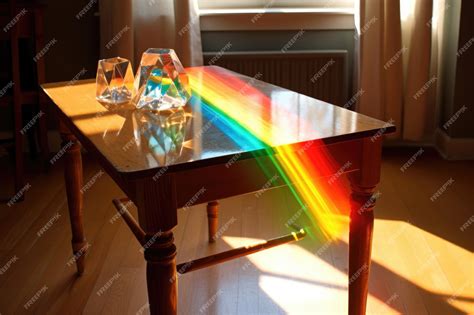 Premium Ai Image Prism Splitting Sunlight Into A Vibrant Spectrum On A Table