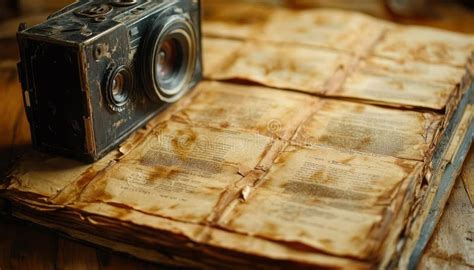 A Vintage Camera Beside Worn Movie Script Pages On A Rustic Wooden