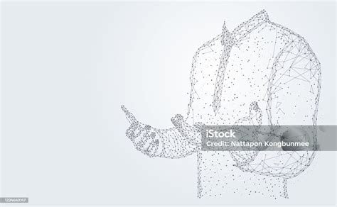 추상 기술 라인 삼각형 및 포인트 사업가 낮은 폴리 는 하이테크 미래 회색 배경에 손 다각형 미래 현대 와이어 프레임에 전화를