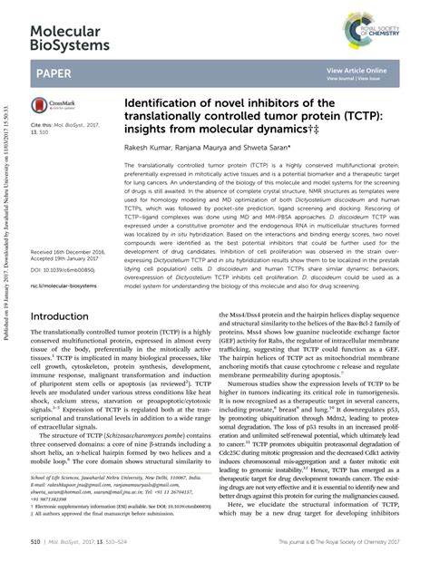 Pdf Identification Of Novel Inhibitors Of The Translationally Controlled Tumor Protein Tctp
