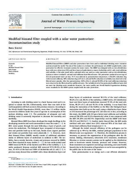 Pdf Modified Biosand Filter Coupled With A Solar Water Pasteurizer