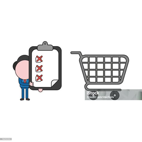 쇼핑 카트와 클립 보드와 X 마크를 들고 사업가 캐릭터의 벡터 그림 색상 및 검은색 윤곽선 개념에 대한 스톡 벡터 아트 및 기타 이미지 Istock