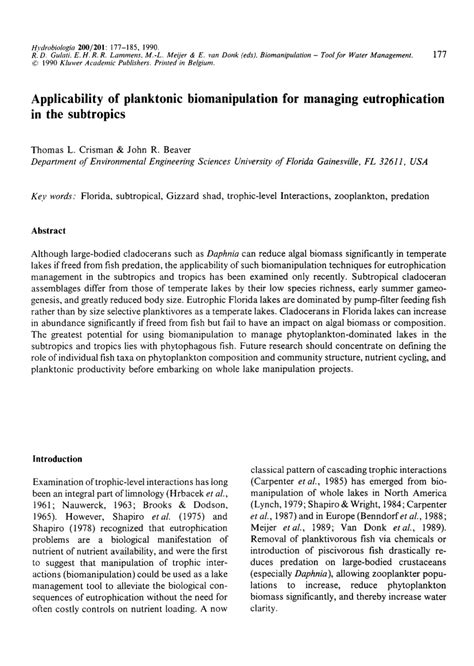 Pdf Applicability Of Planktonic Biomanipulation For Managing