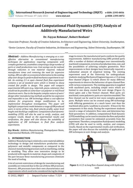 experimental and computational fluid dynamics cfd analysis of