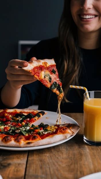 Taking A Slice Of Mixed Ingredient Pizza With A Glass Of Orange Juice