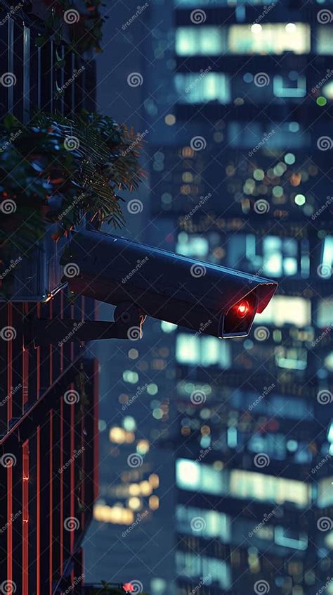 Iot Security Camera On A Building Night View Close Up Part Of A Wider Safety Network Stock