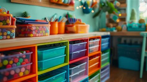 Colorful Classroom Storage Bins Filled With Stationery And Supplies