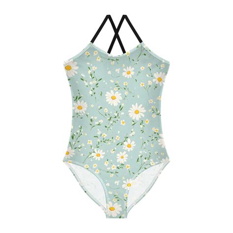 Daisy Flower Pattern Girls One Piece Swimwear 3t 10t Soft Stretchy For