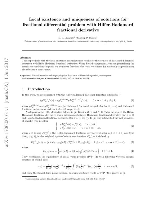 Pdf Local Existence And Uniqueness Of Solutions For Fractional Differential Problem With